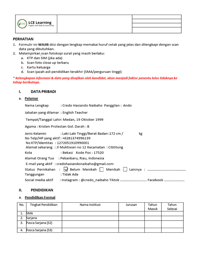 Employee Candidate Form - LCE Learning - Rev 01 | PDF