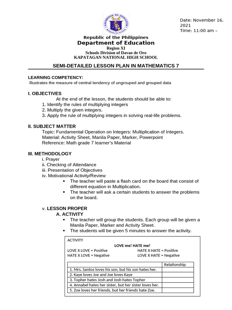 Multiplication of Integers Lesson Plan | PDF | Multiplication | Mathematics
