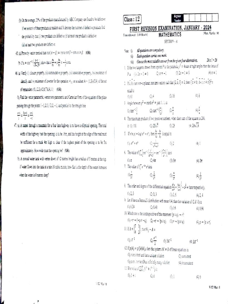 12th Maths EM Half Yearly Exam 2023 Question Paper Villupuram District English Medium PDF ...