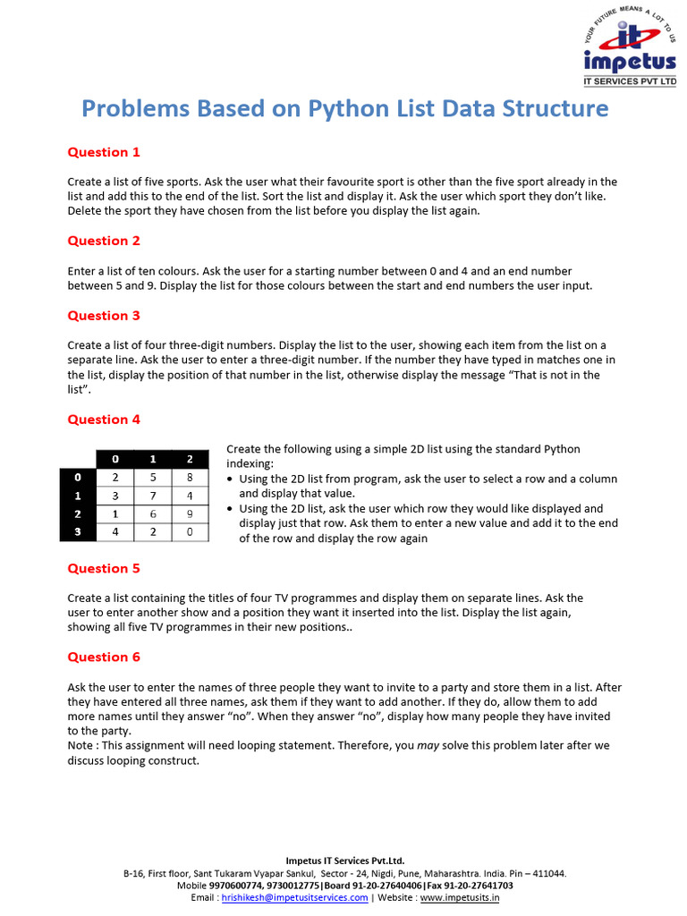 Problems Based on Python List Data Structures | PDF | Computer Science ... Problems Based on Python List Data Structures | PDF | Computer Science ...