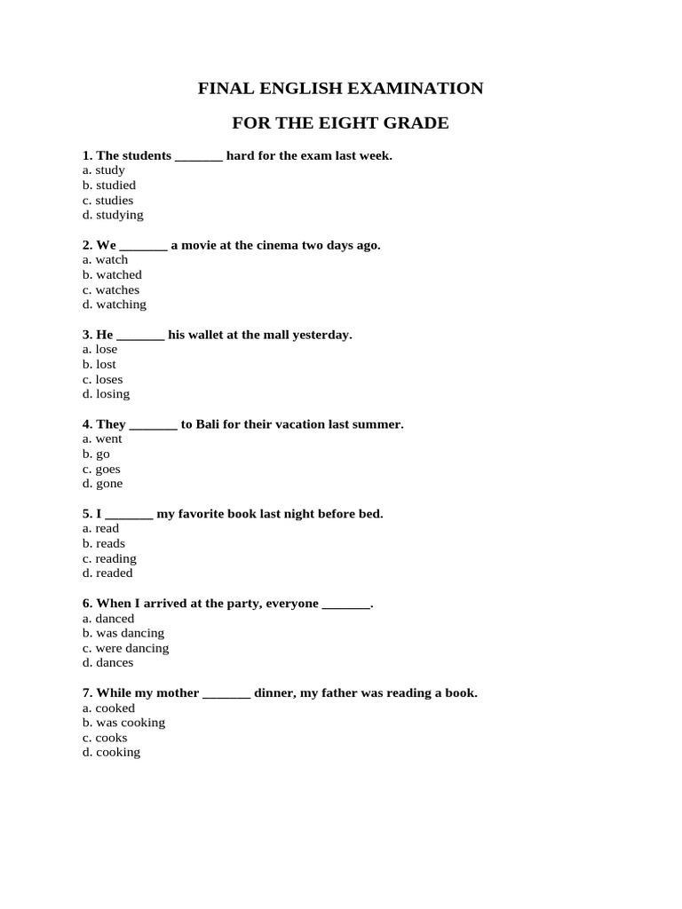 Eighth Grade English Exam Questions | PDF | Foods