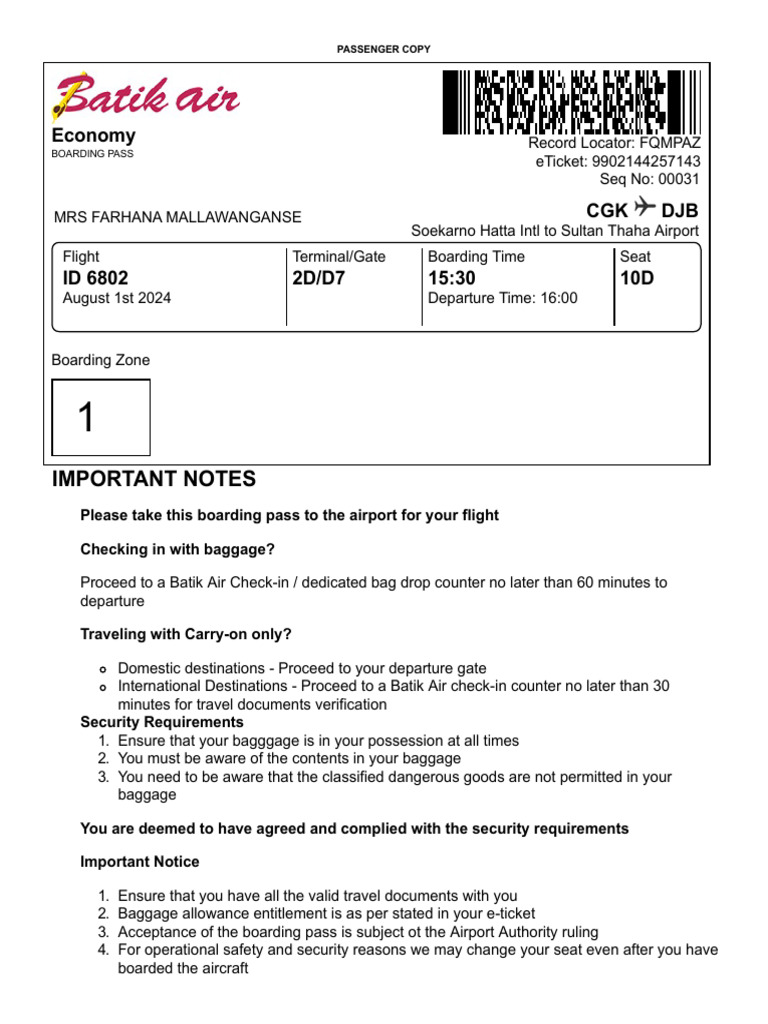 Batik Air Boarding Pass Details | PDF | Aviation