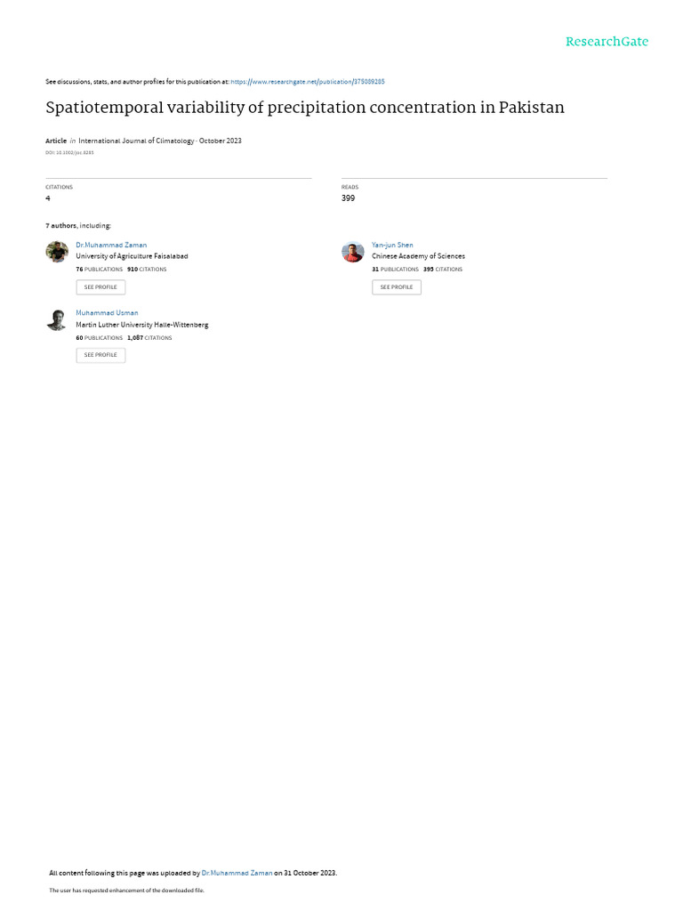 Spatiotemporal Variability Of Precipitation Concentration In Pakistan Pdf Precipitation