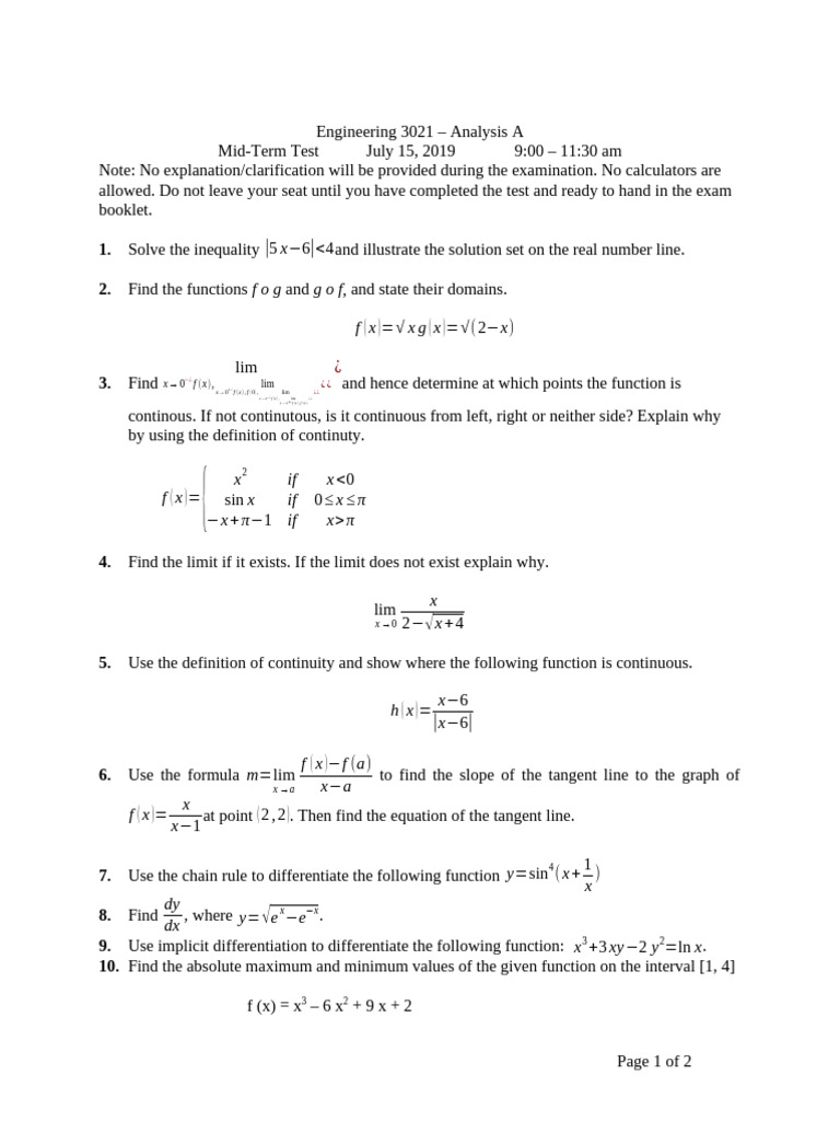 Eng3021-Midterm-2019 | PDF | Tangent | Function (Mathematics)