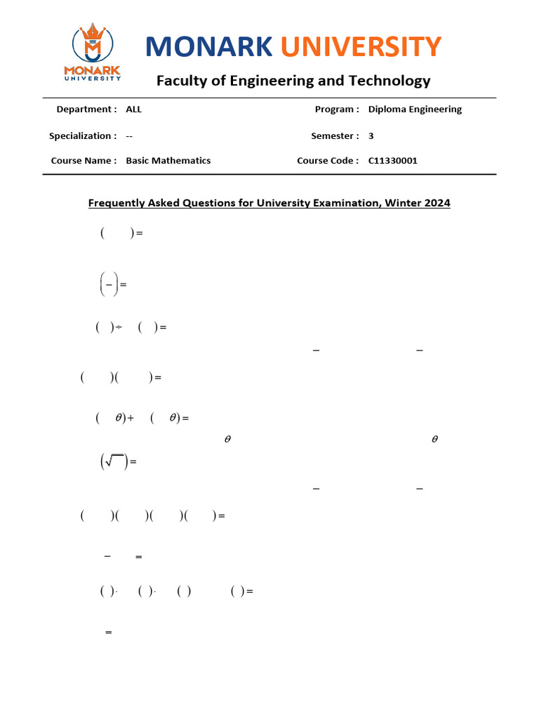 Winter 2024 Mu de Sem - 3 Uni Paper Faq c11330001 Basic Mathematics Dec 2024 | PDF | Functional ...