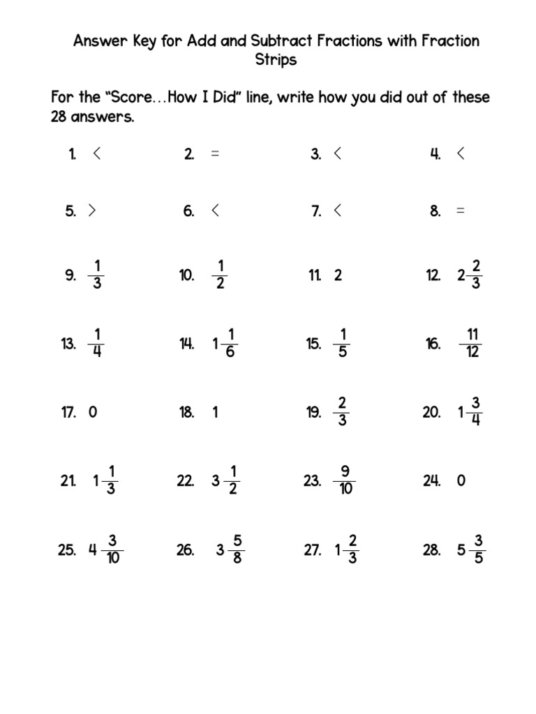 Answer Key Add and Subtract Fractions With Fraction Strips 2425 | PDF