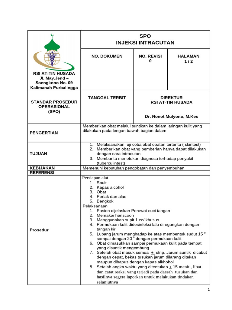 Prosedur Injeksi Intracutan di RSI At-Tin | PDF