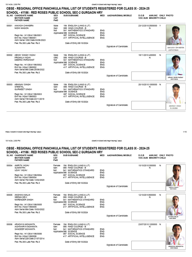 Class IX Student List 2024-25 CBSE Gurgaon | PDF