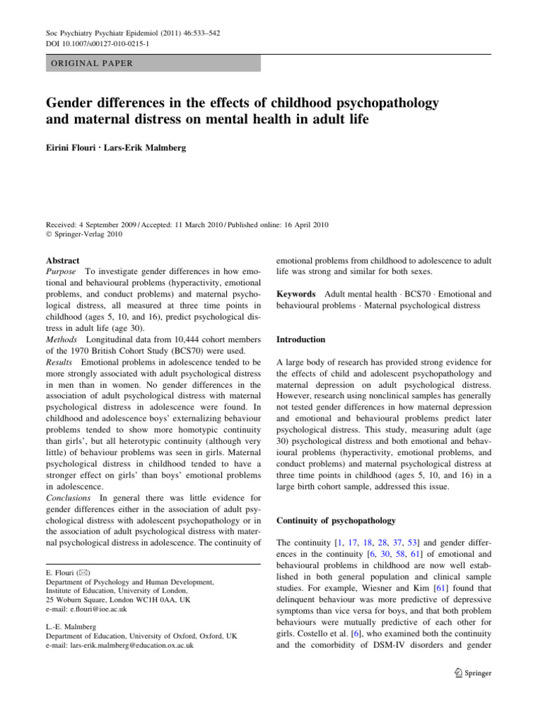 Flouri 2011 Gender Differences in the Effects o | PDF | Mental Disorder ...