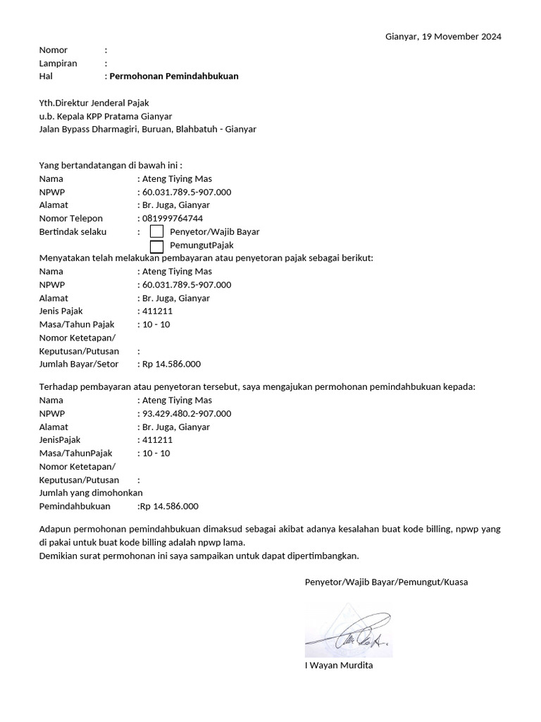 Formulir Permohonan Pemindahbukuan PBK Pembayaran | PDF