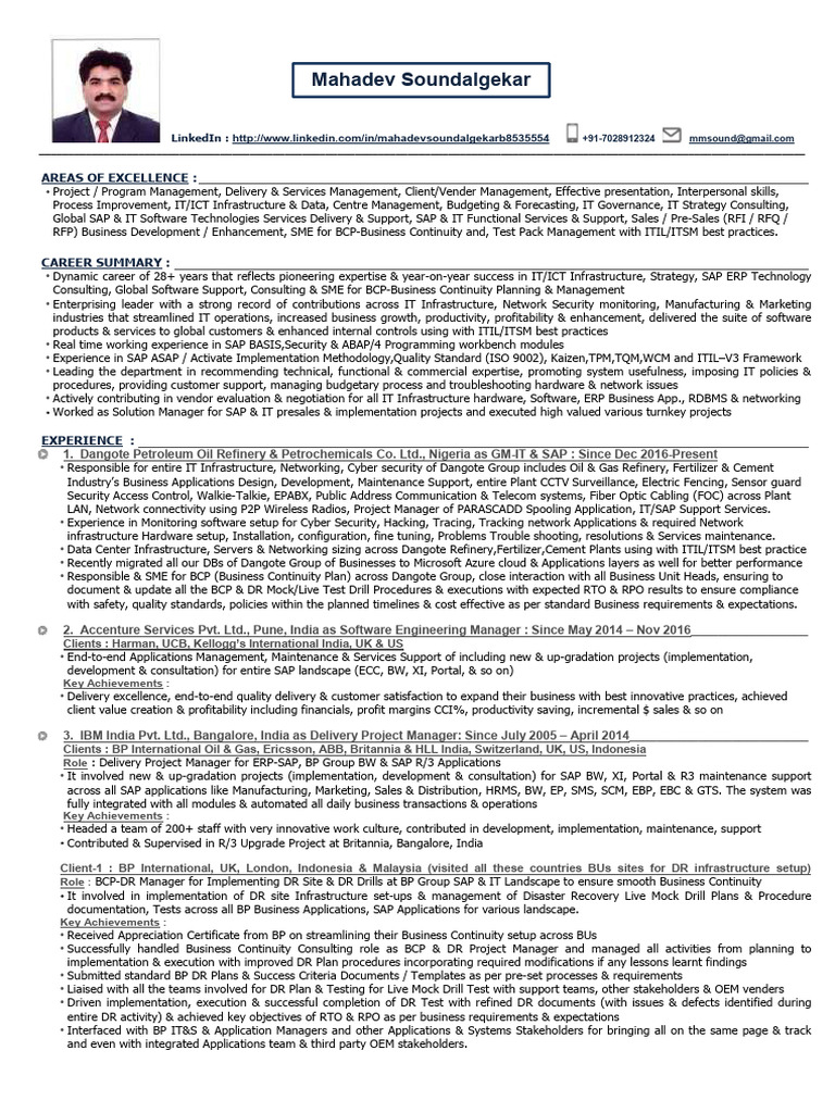 Resume-Mahadev Soundalgekar-GM-IT-SAP Head | PDF | Computer Network | It Service Management