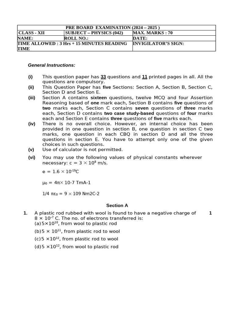 Class XII Physics Pre-Board Exam 2024-25 | PDF | P–N Junction ...