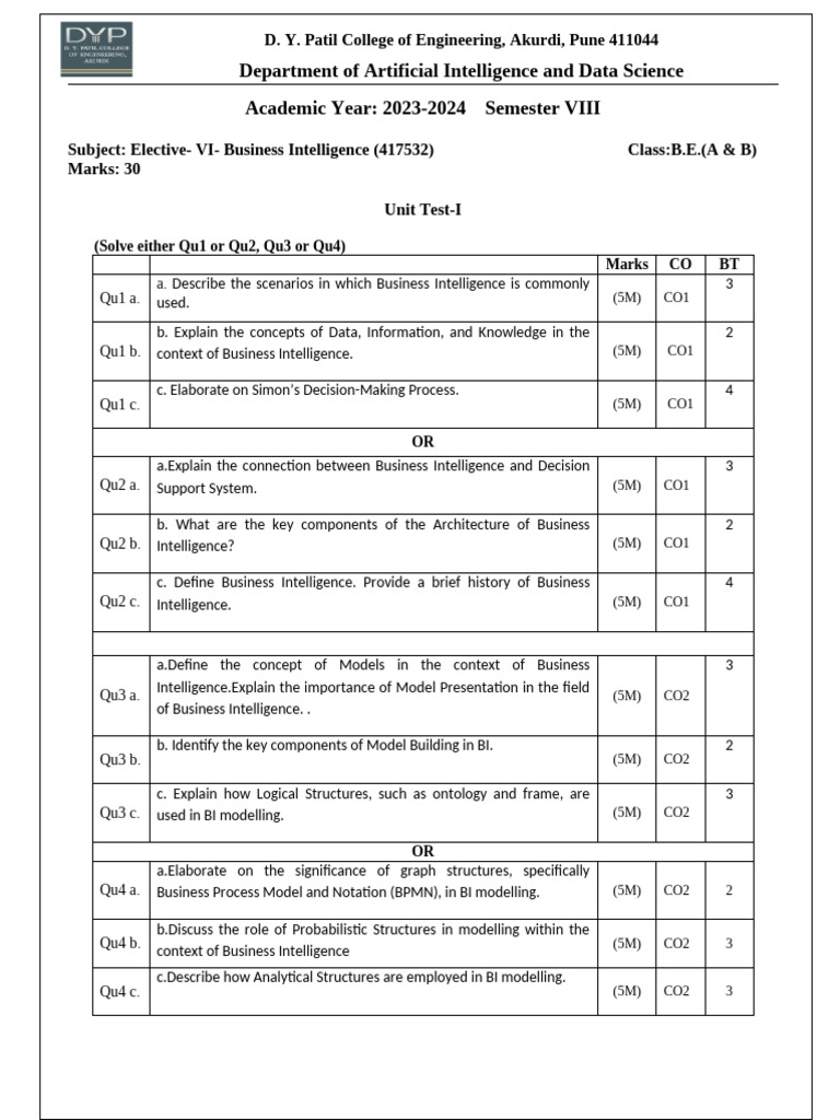 BI-Question Paper UT-1 | PDF | Business Intelligence | Artificial ...