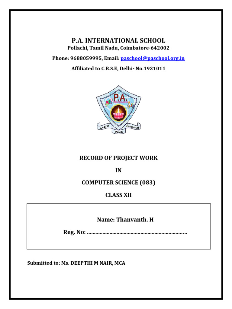 Class XII Computer Science Project Record | PDF