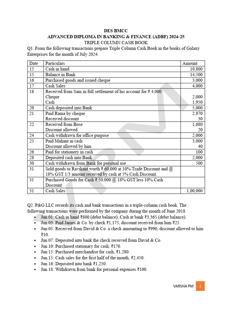 Triple Column Cash Book Preparation Guide | PDF | Banks | Cash