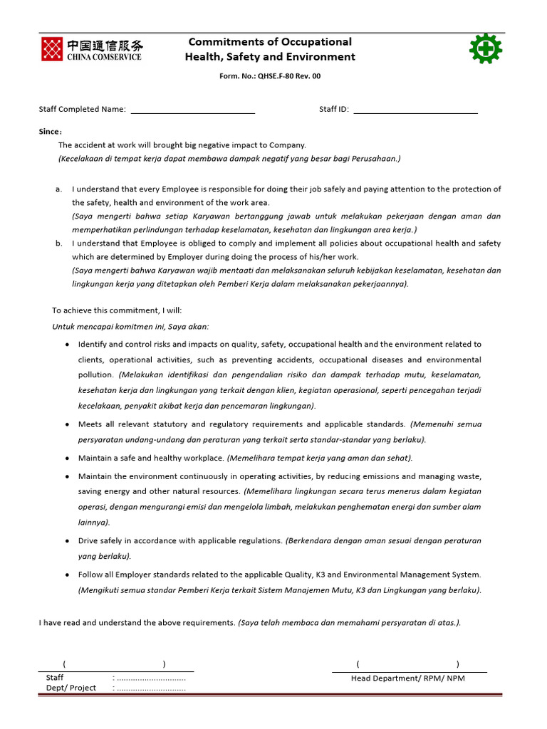 (Staff ID - Name) QHSE.f-80 Commitments of Occupational Health and Safety Staff (All Staff) | PDF