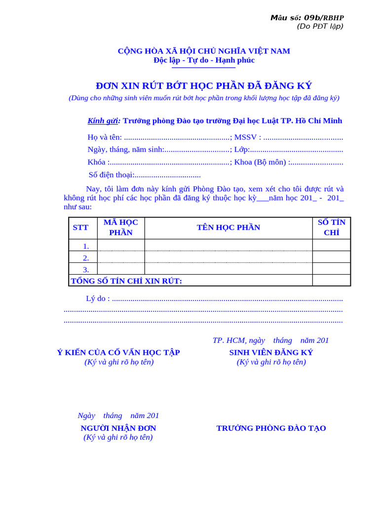 Mau 9b - Don Xin Rut Bot Cac Hoc Phan Da Dang Ky | PDF
