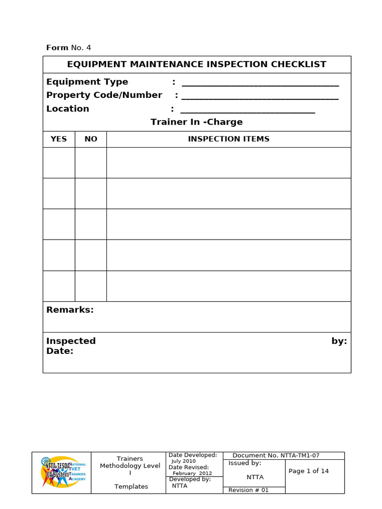 4 - Equipment Maintenance Inspection Checklist | PDF