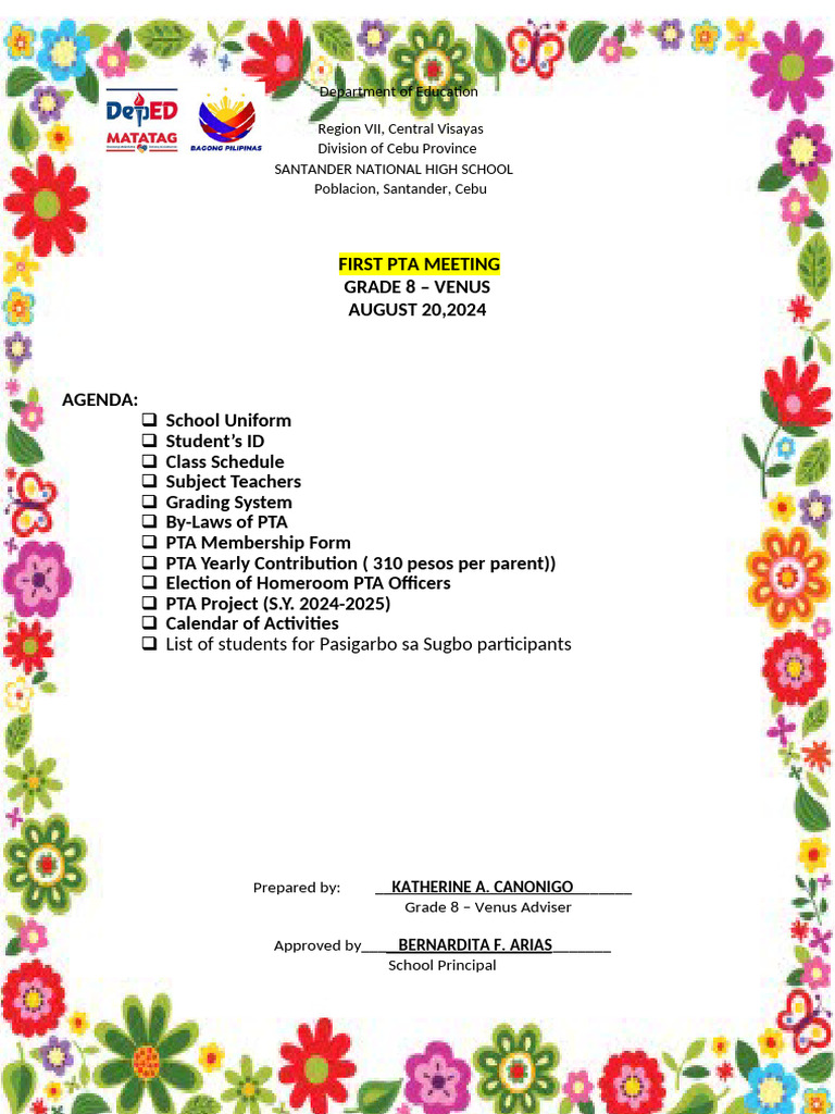 Grade 8 PTA Meeting Agenda 2024 | PDF