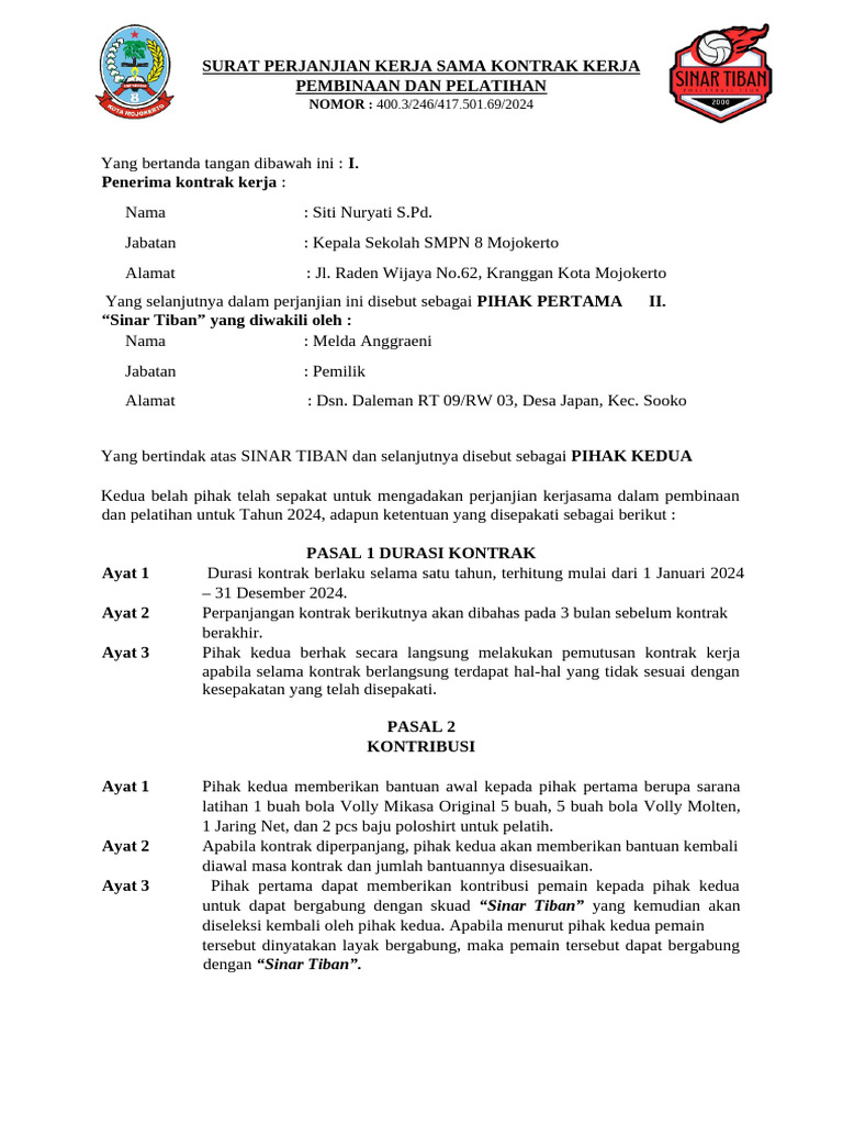 Contoh MOU Kerjasama Klub | PDF