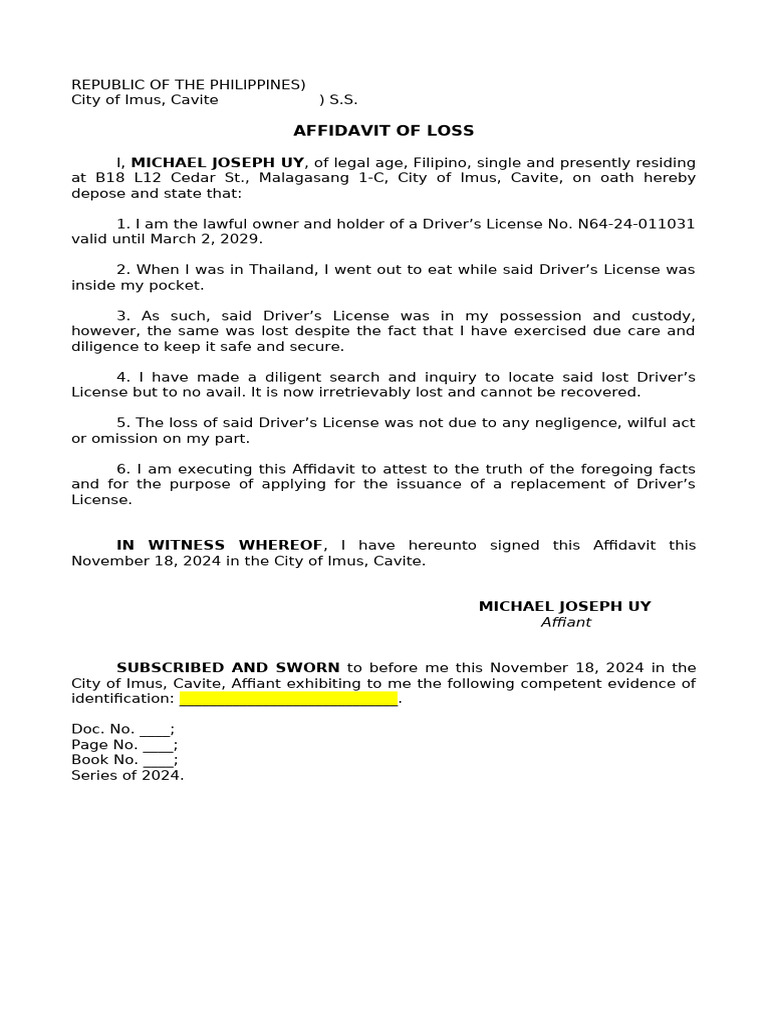 Affidavit of Loss Driver's License | PDF