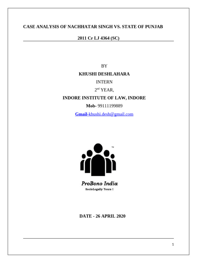 301 - CASE ANALYSIS OF NACHHATAR SINGH VS State of Punjab | PDF ...