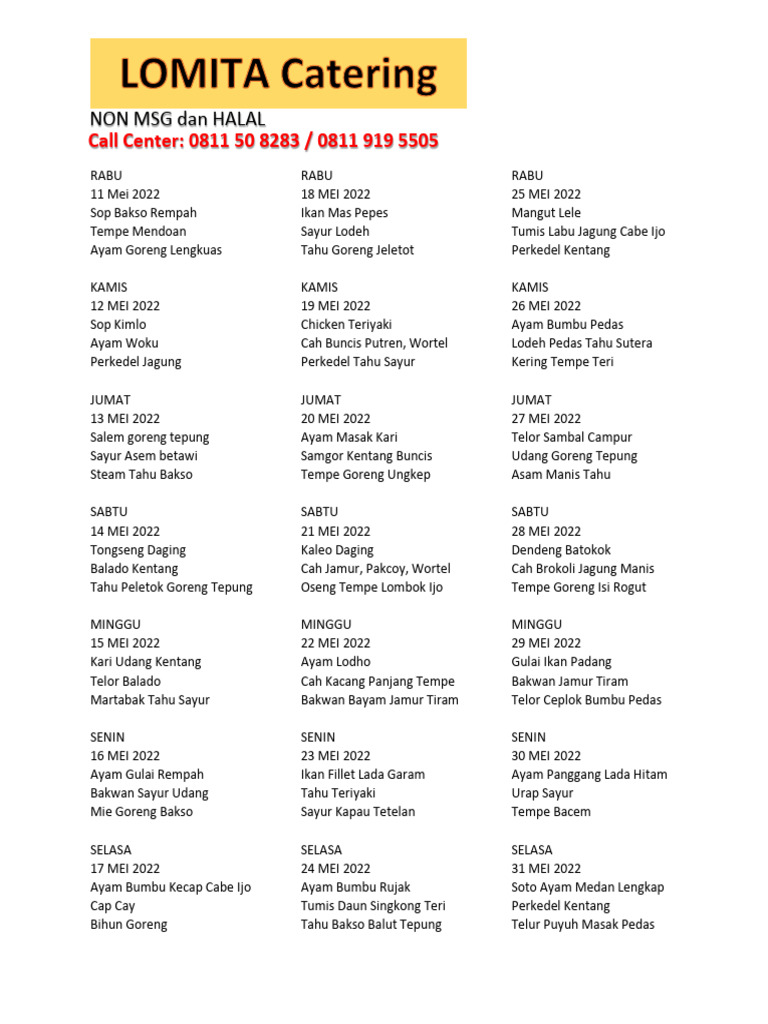 Menu Lomita Catering Sebulan | PDF