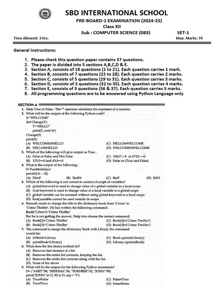 Xii C.SC - Pre-Board-1 Set-1 Final | PDF