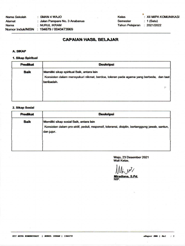 NILAI RAPOR KELAS XII | PDF