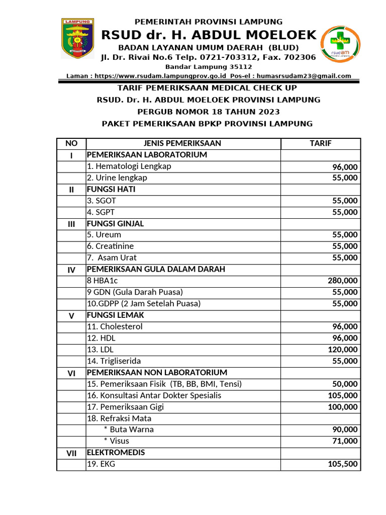 PAKET TARIF PEMERIKSAAN MCU 2024 | PDF