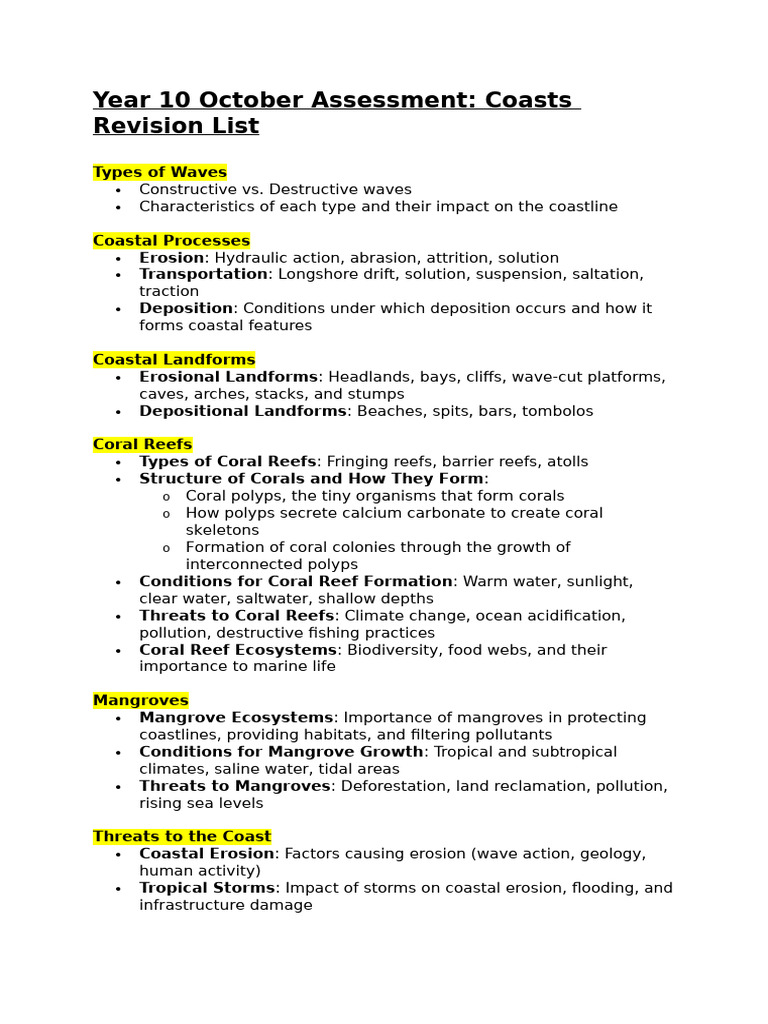 Year 10 Coasts Revision Guide | PDF
