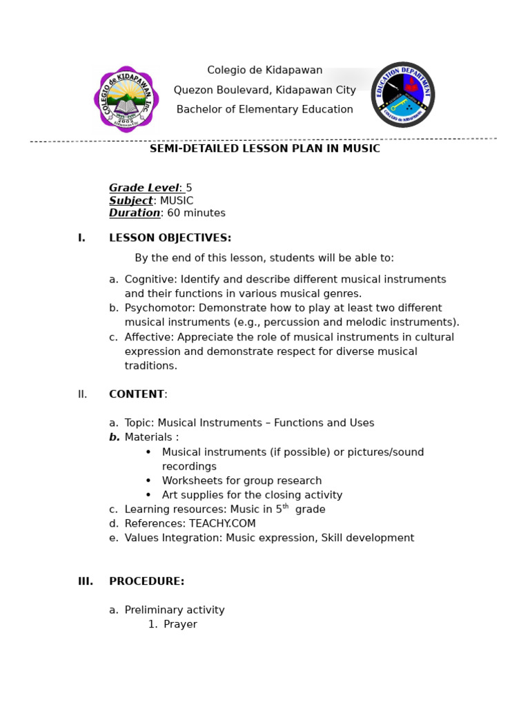 Grade 5 Music Lesson Plan: Instruments | PDF | Musical Instruments ...
