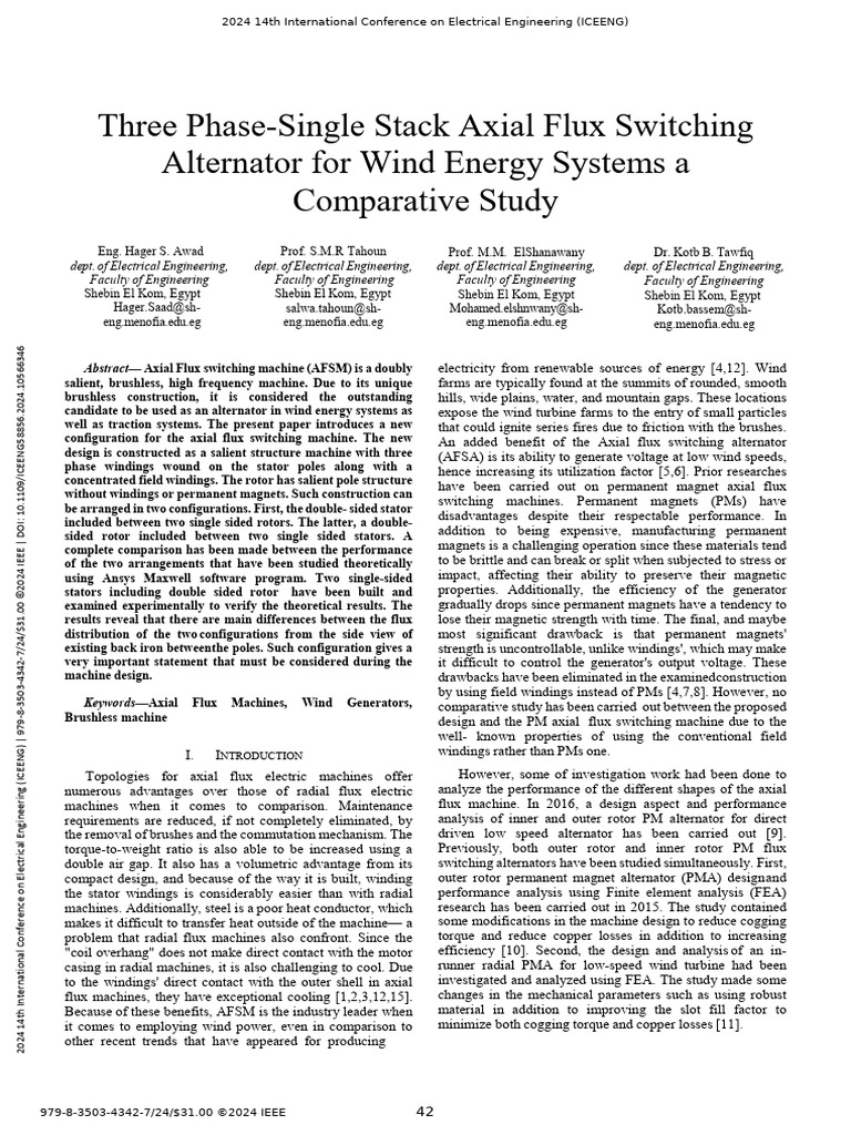 Three Phase-Single Stack Axial Flux Switching Alternator For Wind ...