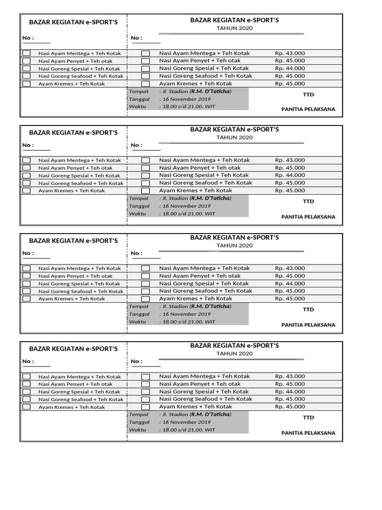 Menu Bazar e-Sport 2020 | PDF