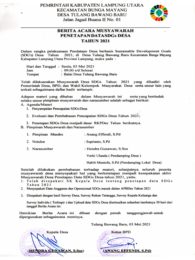 Berita Acara Dan SK Penetapan SDGs | PDF