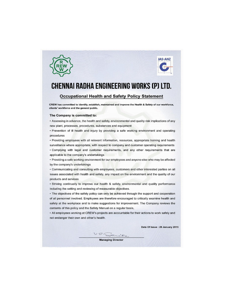 Chennai Radha Engineering Safety Policy | PDF | Occupational Safety And ...