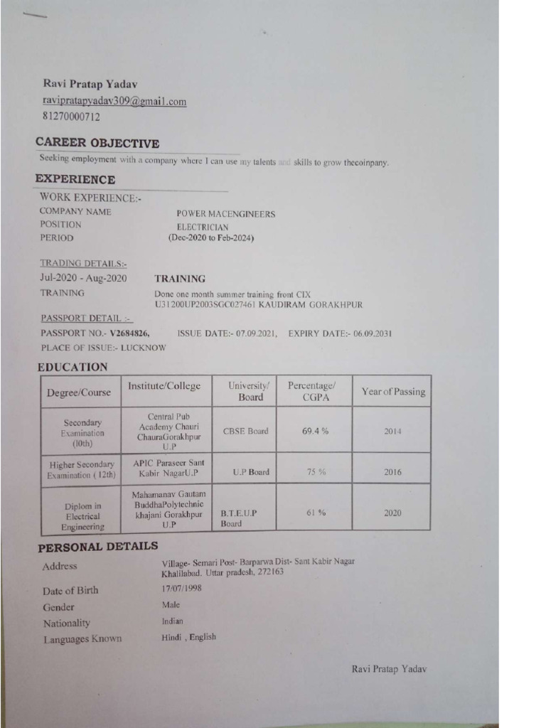 Ravi Pratap Yadav Resume | PDF