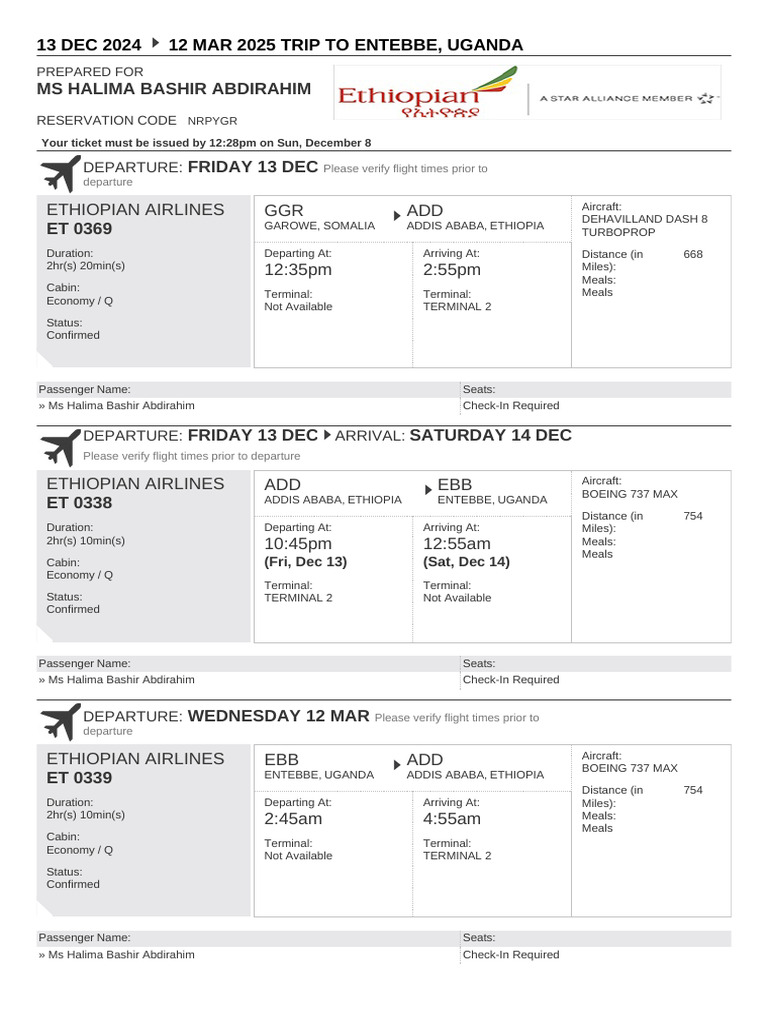 Travel Reservation December 13 For MS HALIMA BASHIR ABDIRAHIM | PDF ...