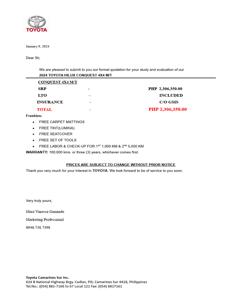 2024 Toyota Hilux Conquest Quotation | PDF