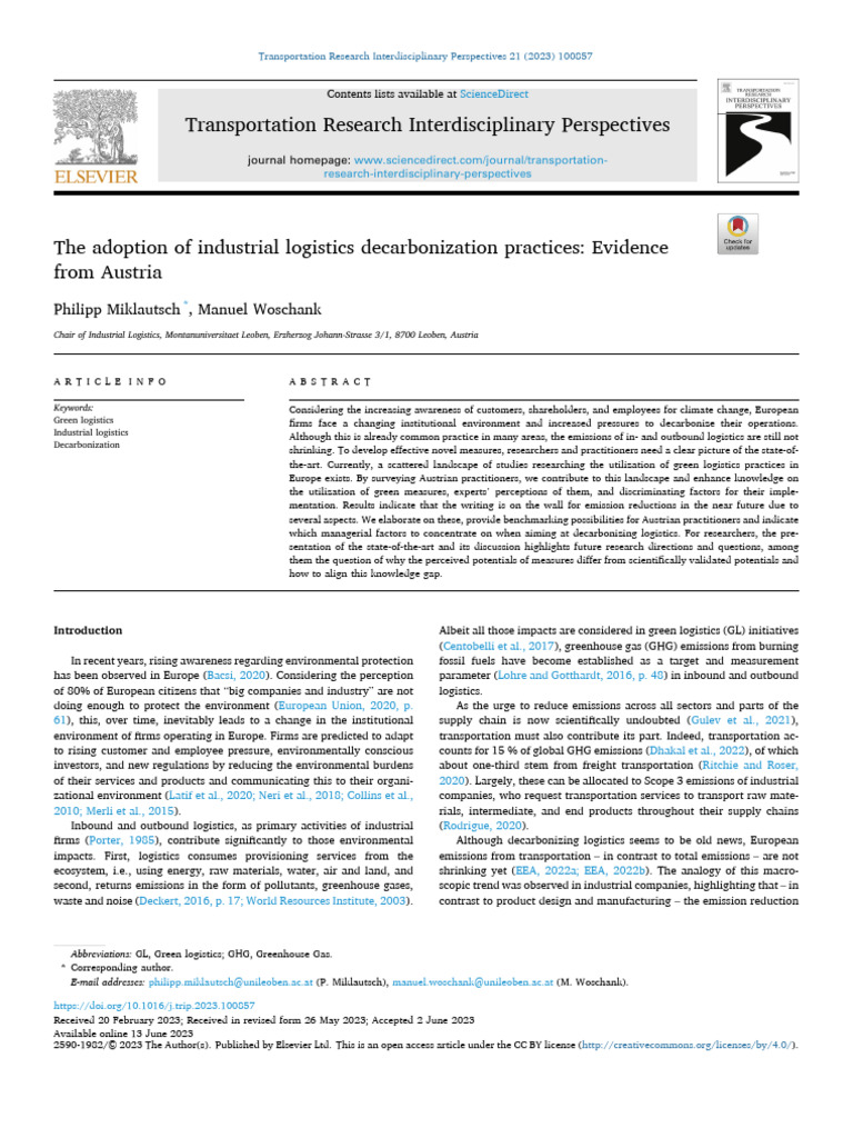The Adoption of Industrial Logistics Decarbonization Practices | PDF ...