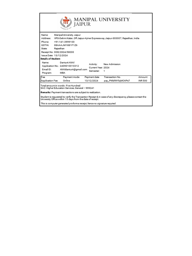 Details of Student:: This Is Computer Generated Proforma Receipt, Hence No Signature Required | PDF