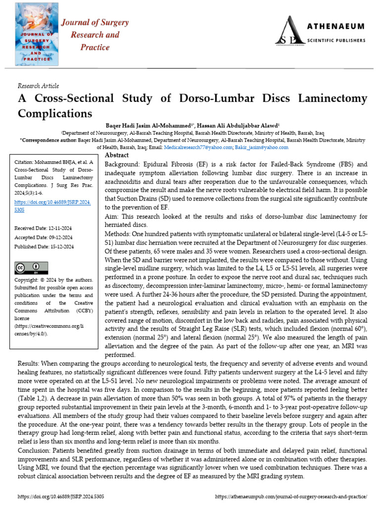 A Cross Sectional Study of Dorso Lumbar Discs Laminectomy Complications | PDF | Clinical ...