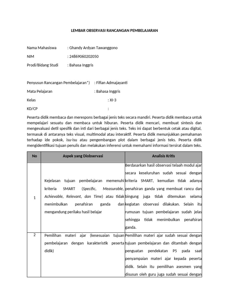 01.05.6-B4-13 Unggah LK 3 - Lembar Observasi rancangan dan perangkat pembelajaran - Siklus 3 | PDF