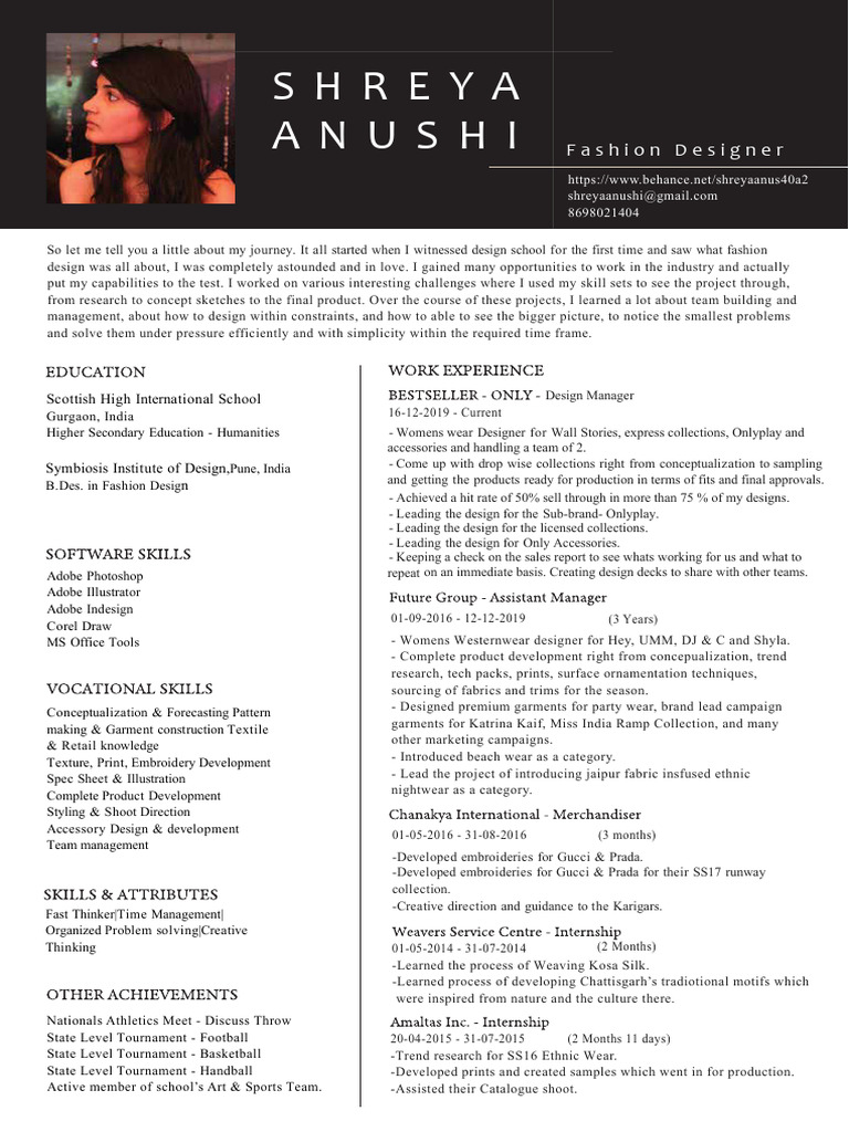 Shreya Anushi's CV | PDF | Embroidery | Clothing