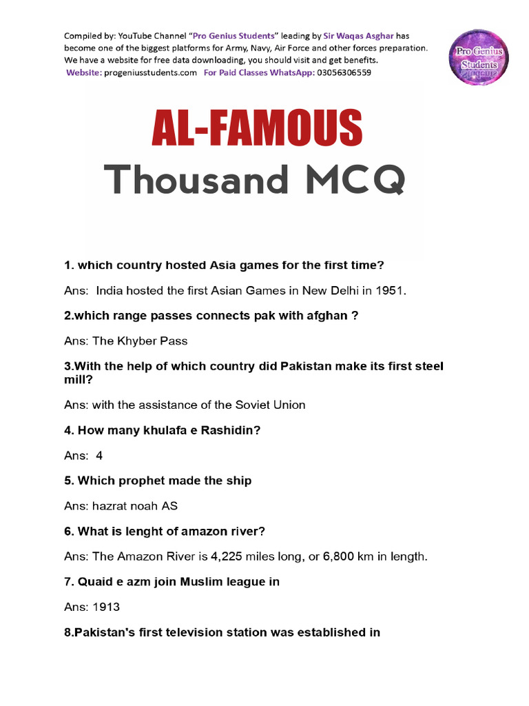 Al Famous Thousand MCQ Updated by Pro GeniusStudents | PDF