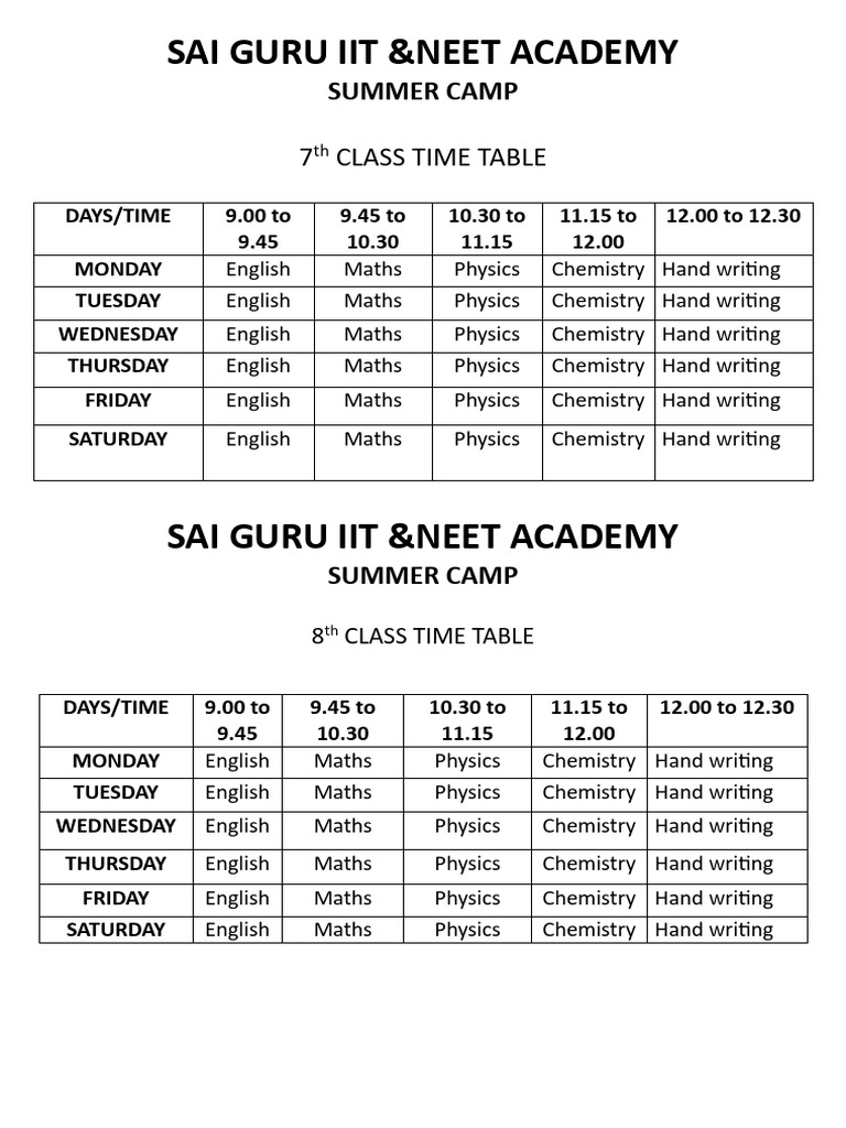 Class 7 Summer Camp Timetable | PDF