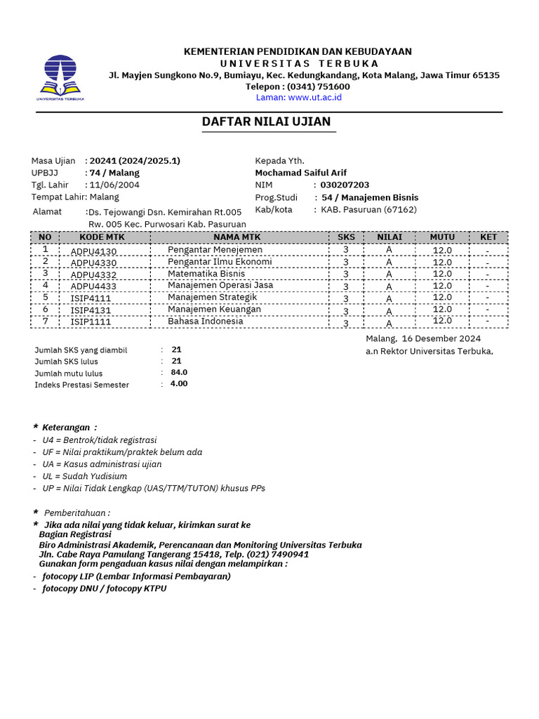 Nilai UAS Semester 1 UT 2024_2025 | PDF