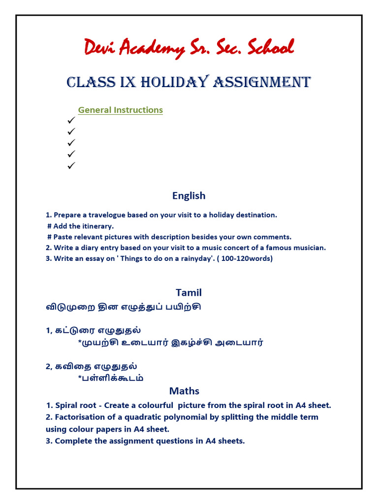 Class 9 Holiday Assignment-1 | PDF