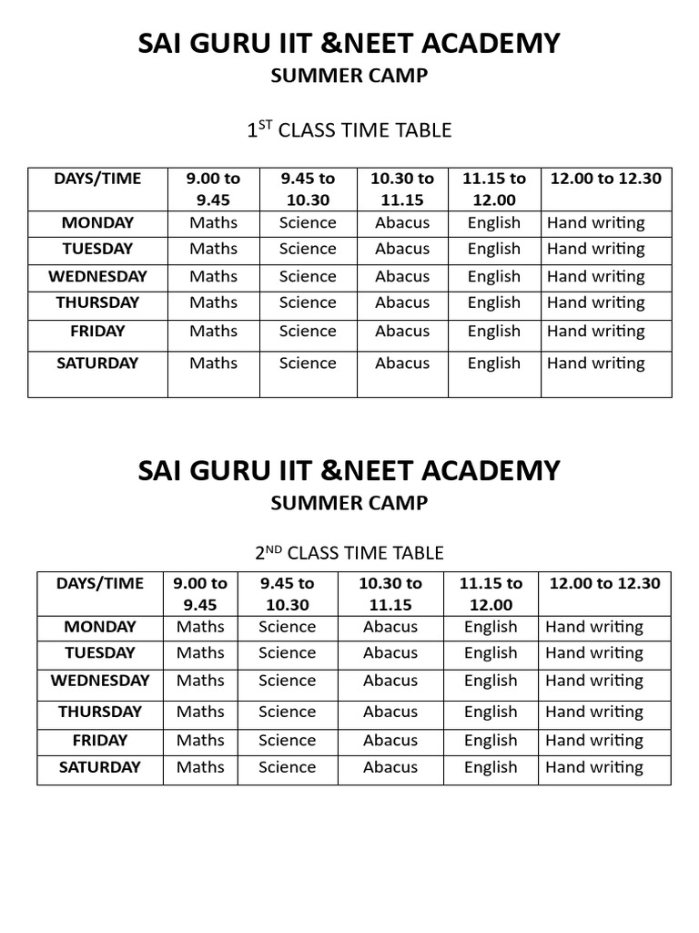 Summer Camp Timetable for Classes 1-2 | PDF