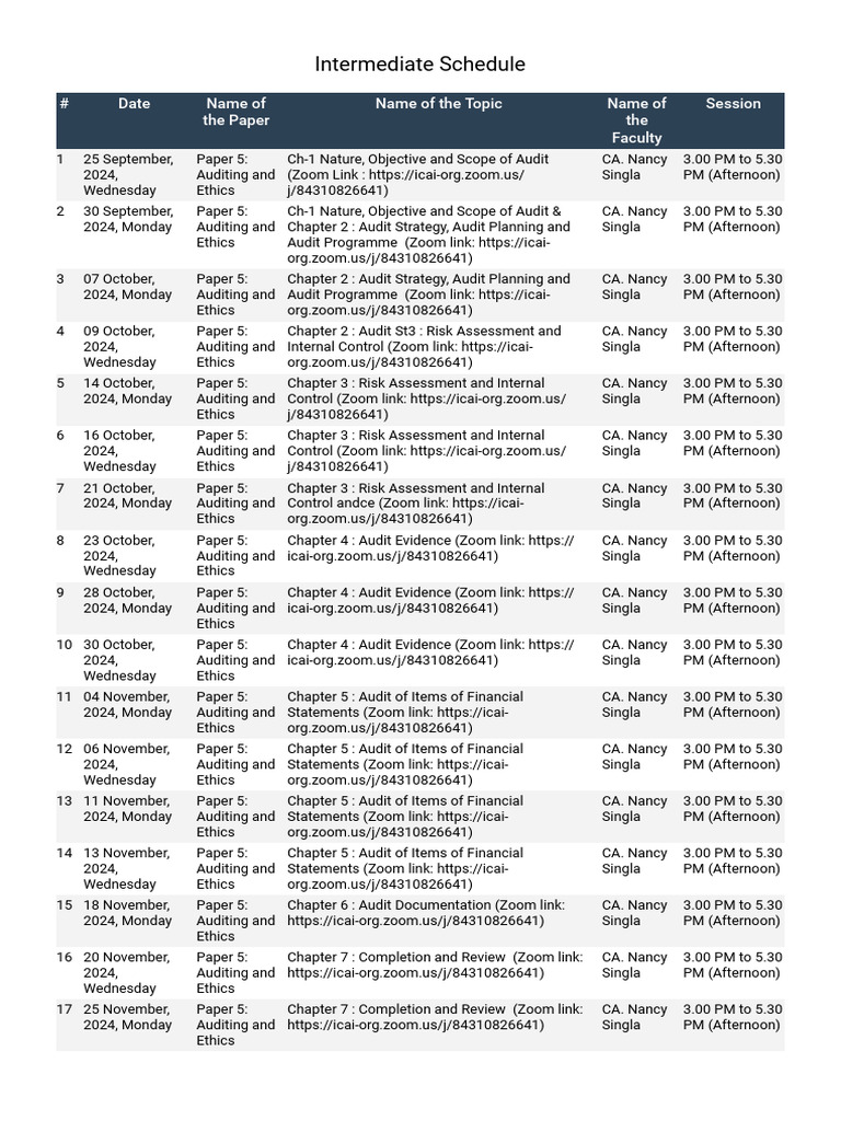Intermediate Schedule | PDF